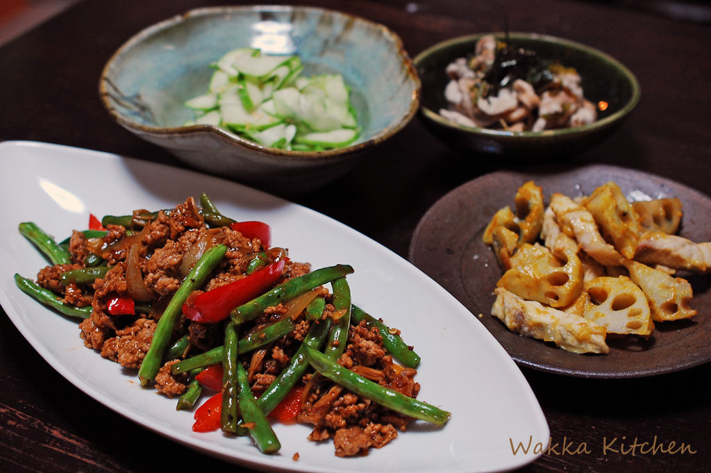 日常の夕飯 ~いんげんとひき肉のピリ辛オイスターソース炒めなど~ Wakka Kitchen 佐藤わか子の自宅で学ぶ各国料理教室